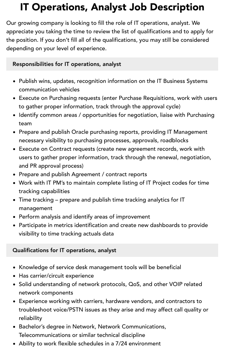 IT Operations Analyst Job Description Velvet Jobs