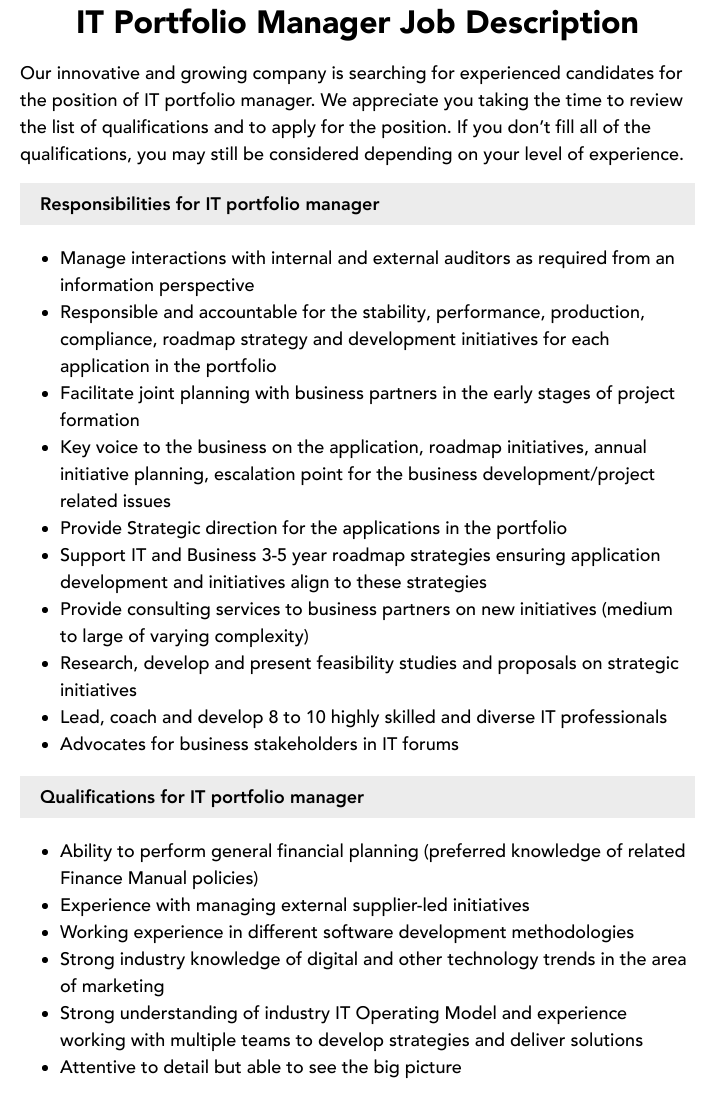 IT Portfolio Manager Job Description Velvet Jobs IT Portfolio Manager Job Description Velvet Jobs