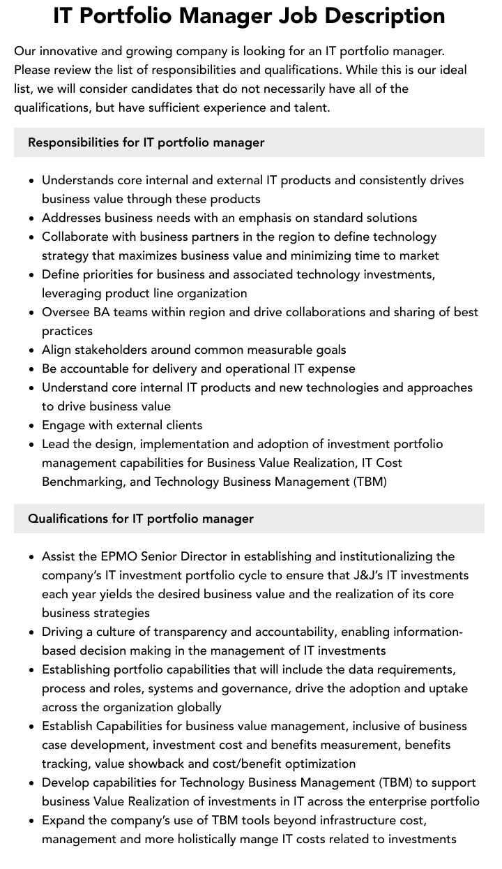 IT Portfolio Manager Job Description Velvet Jobs