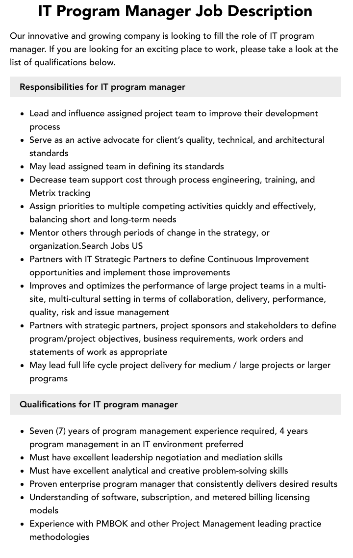 IT Program Manager Job Description Velvet Jobs