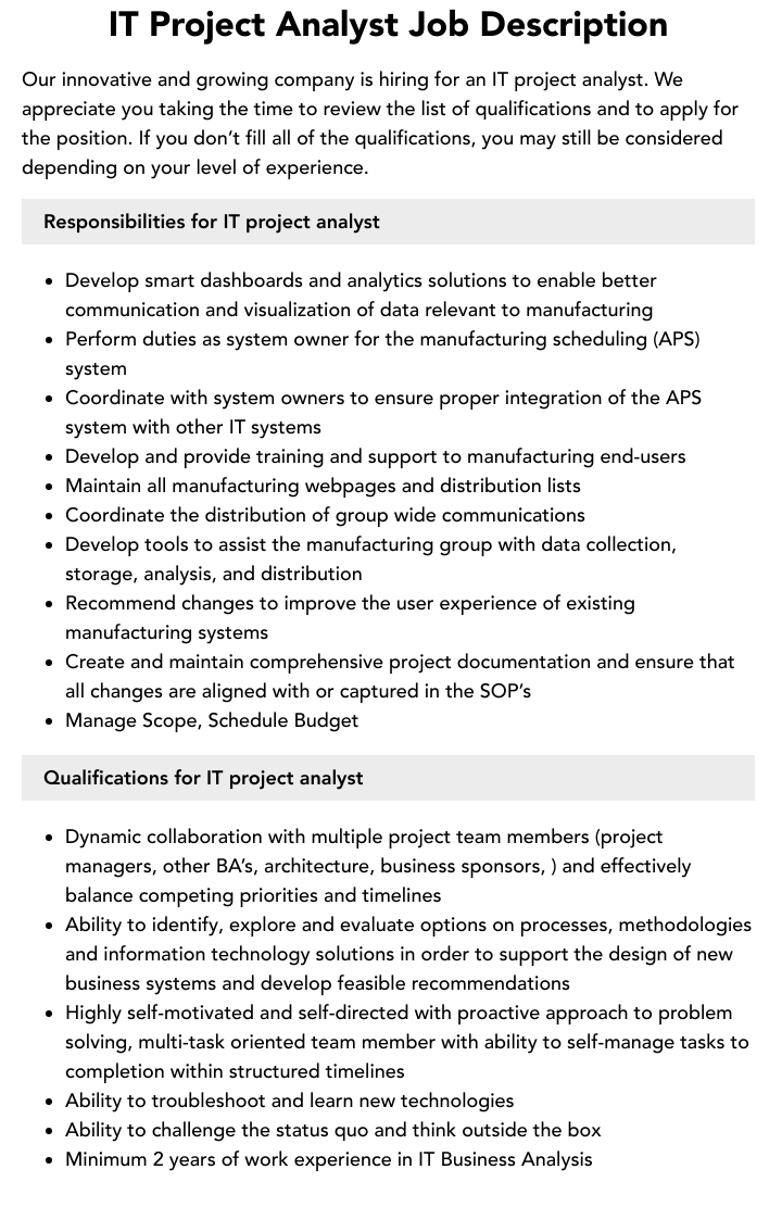 IT Project Analyst Job Description Velvet Jobs IT Project Analyst Job Description Velvet Jobs