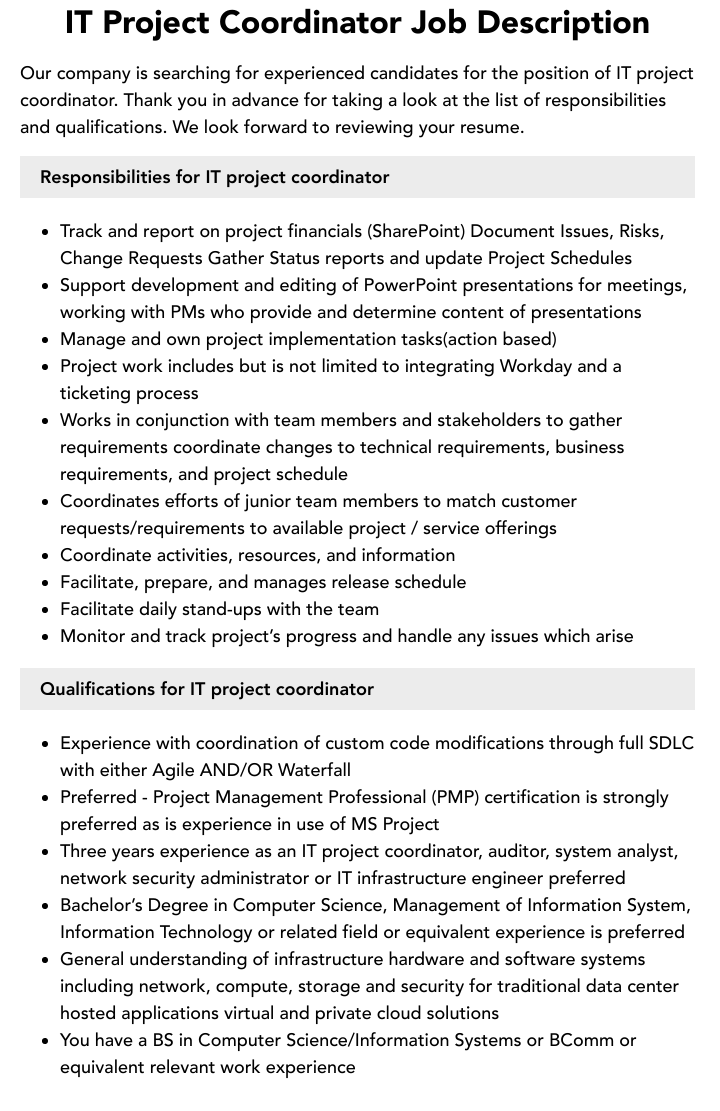 IT Project Coordinator Job Description Velvet Jobs