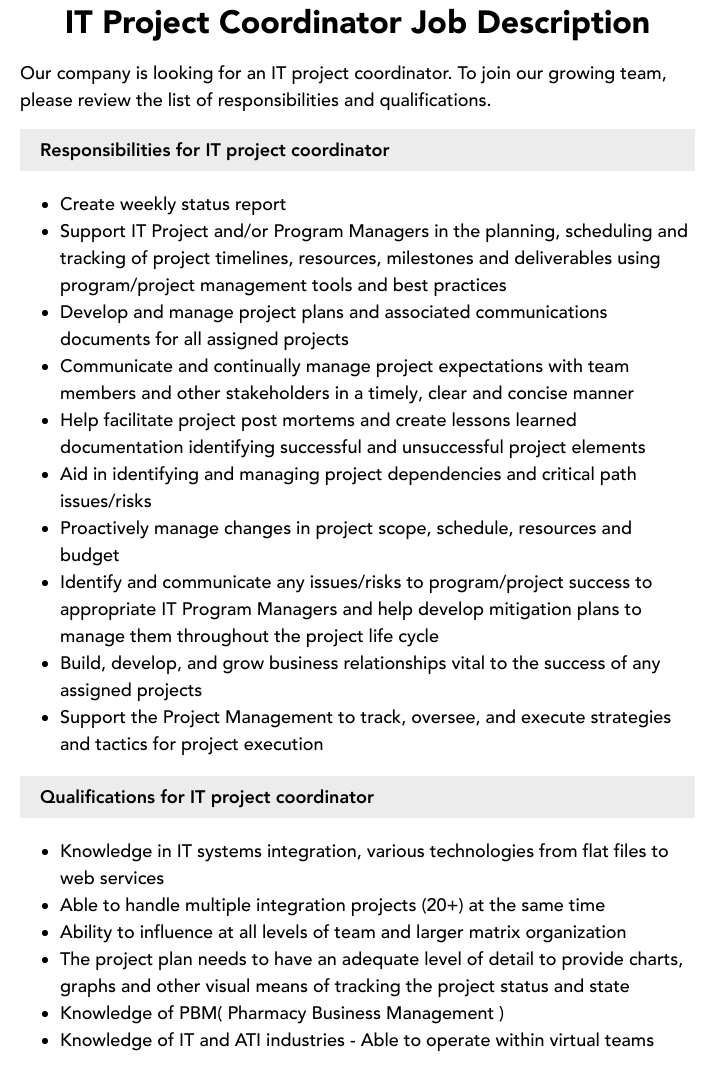 IT Project Coordinator Job Description Velvet Jobs