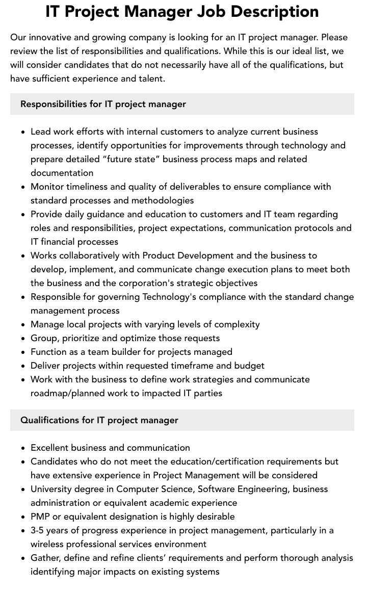 IT Project Manager Job Description Velvet Jobs