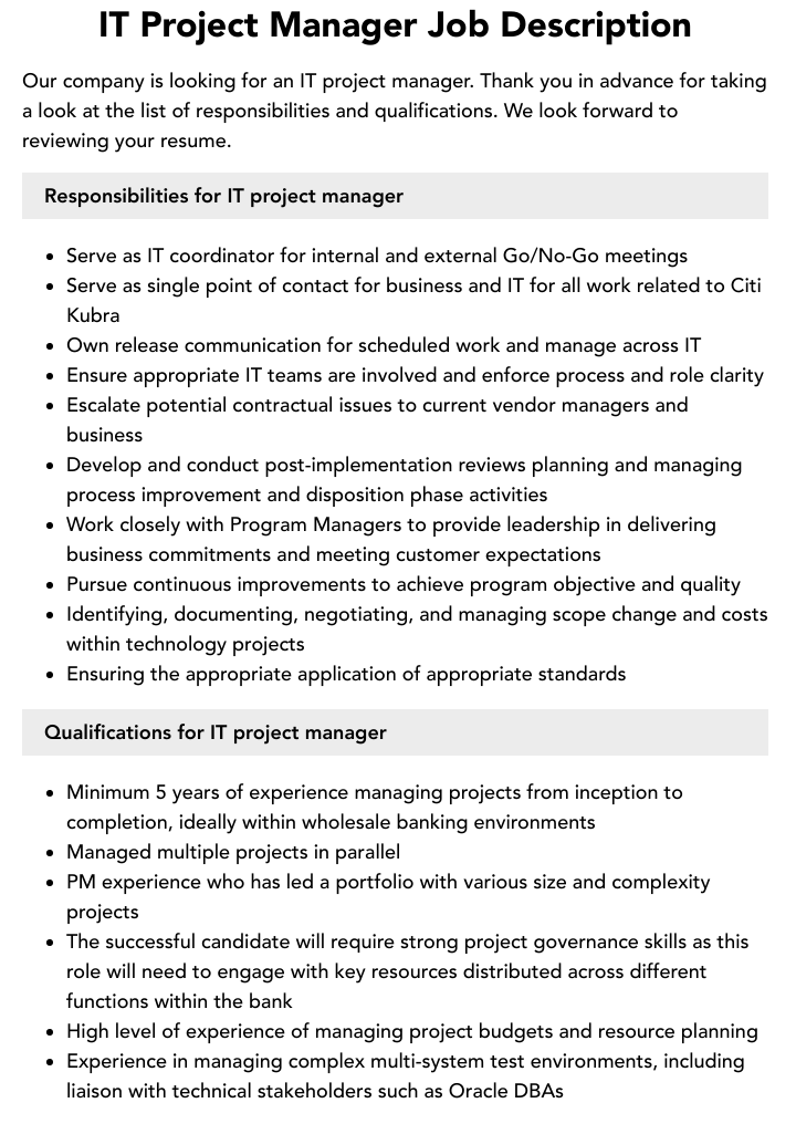 IT Project Manager Job Description Velvet Jobs