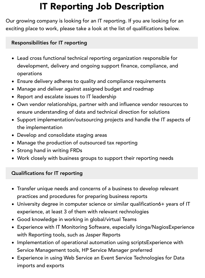 IT Reporting Job Description Velvet Jobs IT Reporting Job Description Velvet Jobs
