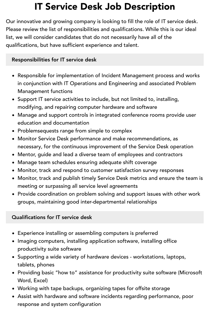 IT Service Desk Job Description Velvet Jobs