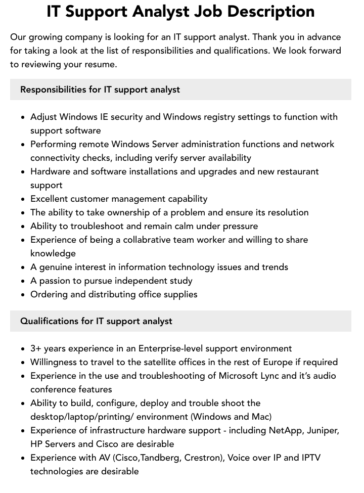 IT Support Analyst Job Description Velvet Jobs