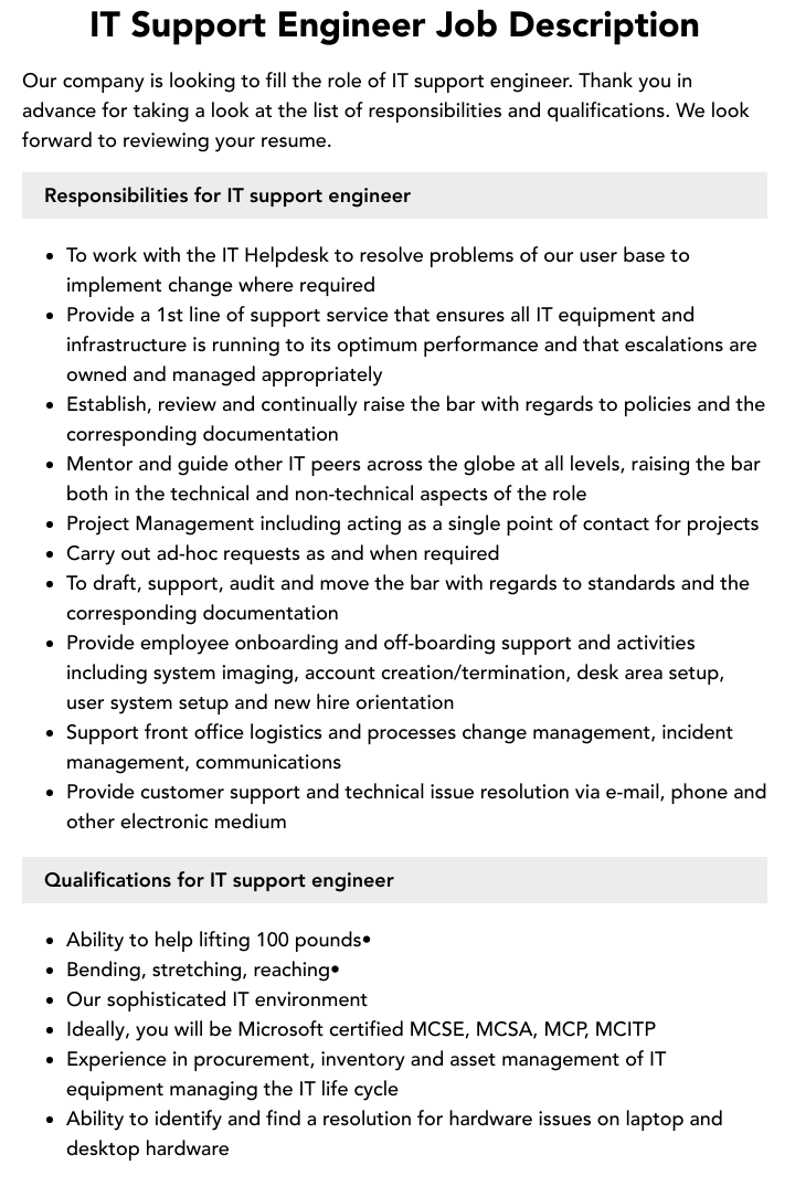 IT Support Engineer Job Description Velvet Jobs