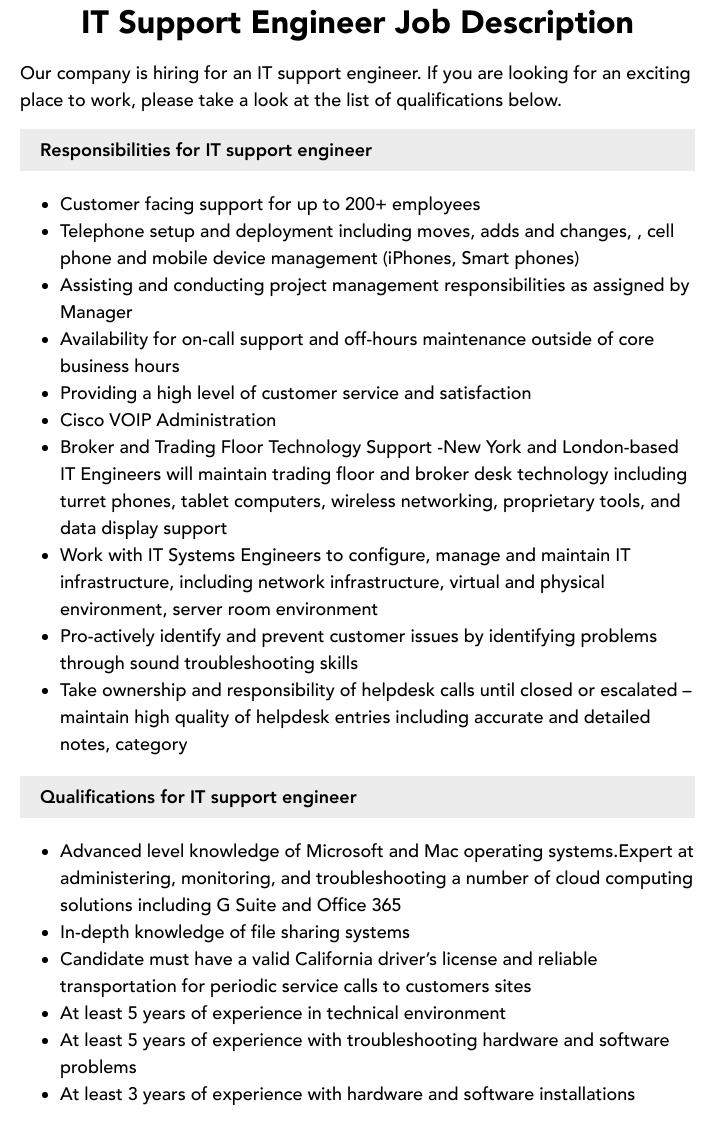  IT Support Engineer Job Description Velvet Jobs