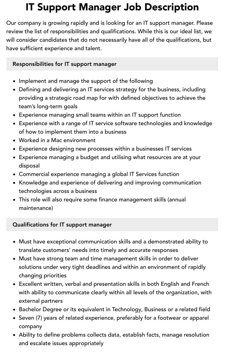 IT Support Manager Job Description Velvet Jobs