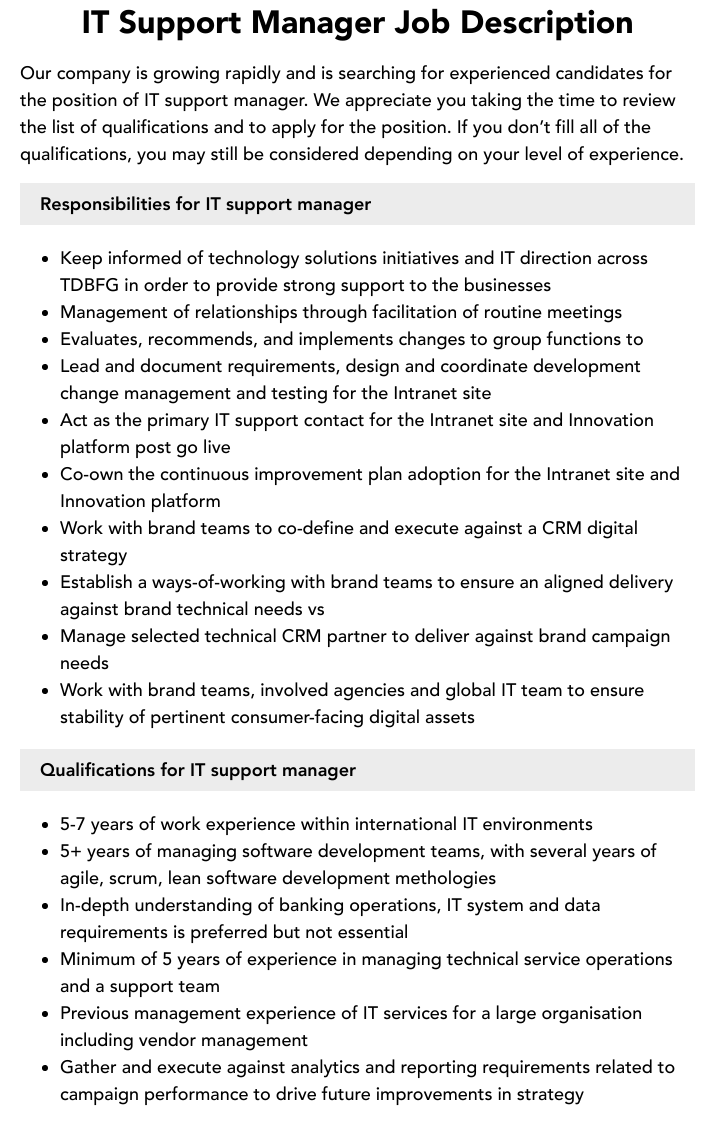 IT Support Manager Job Description Velvet Jobs