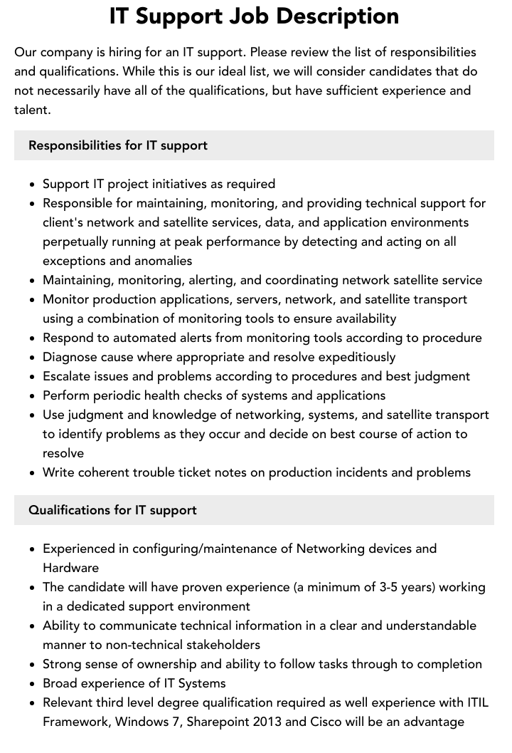 IT Support Job Description Velvet Jobs