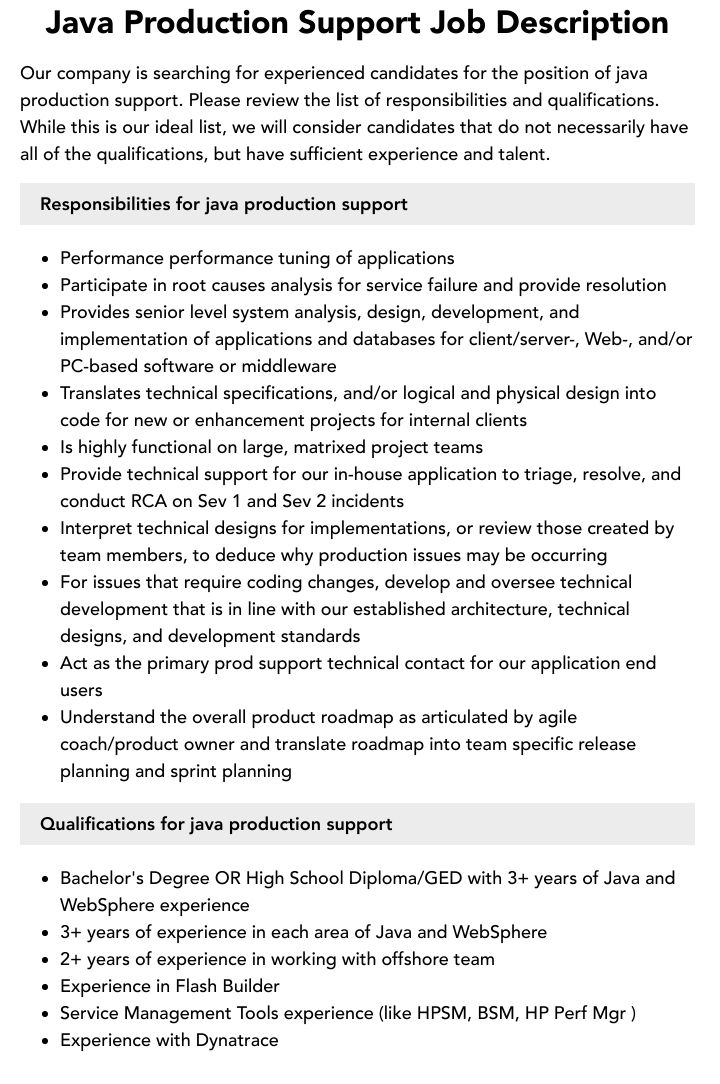 Java Production Support Job Description Velvet Jobs