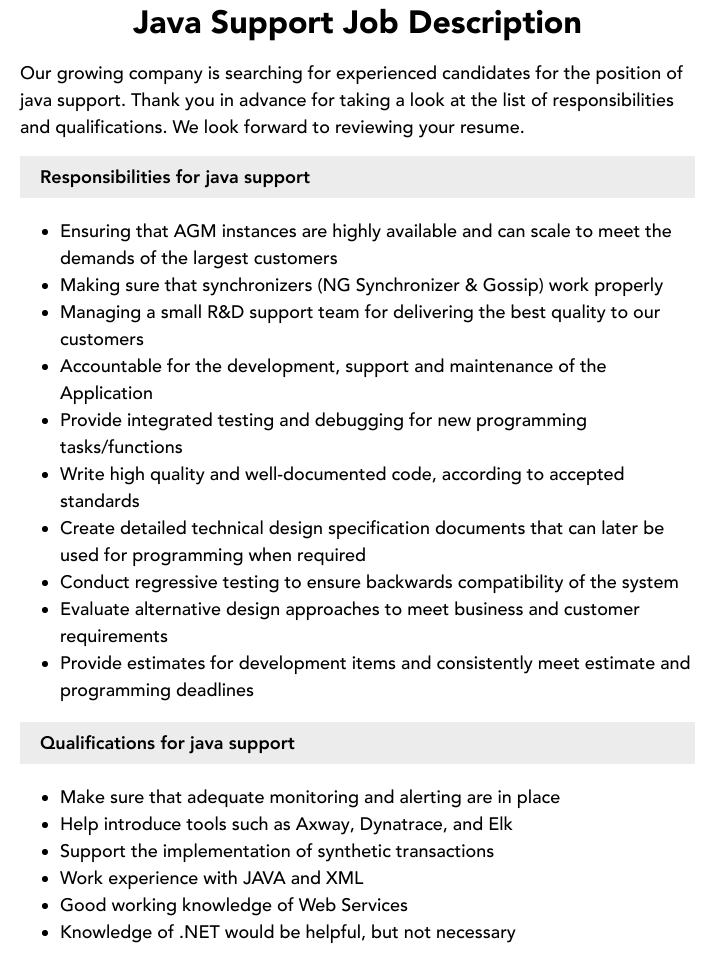 Java Support Job Description Velvet Jobs