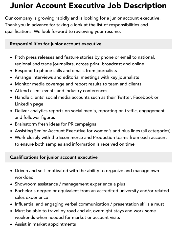 Junior Account Executive Job Description Velvet Jobs