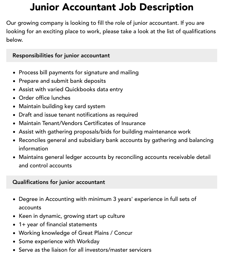 Junior Accountant Job Description Velvet Jobs