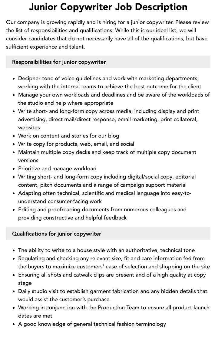 Junior Copywriter Job Description Velvet Jobs Junior Copywriter Job Description Velvet Jobs