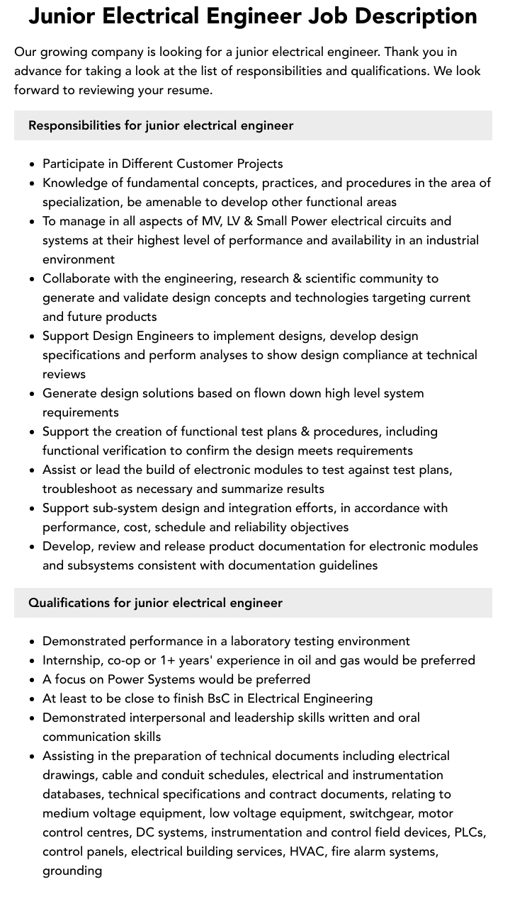 Junior Electrical Engineer Job Description Velvet Jobs