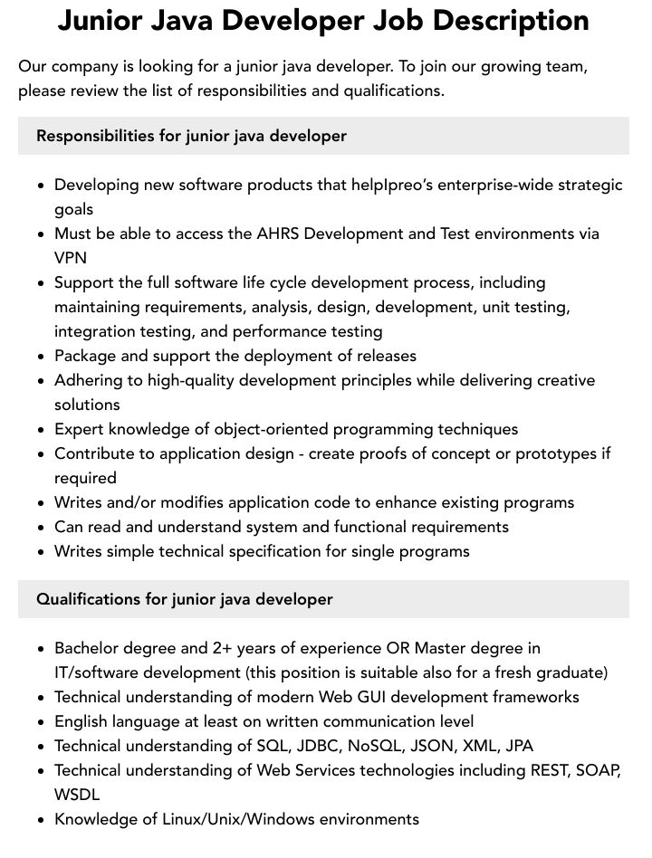 Junior Java Developer Job Description Velvet Jobs