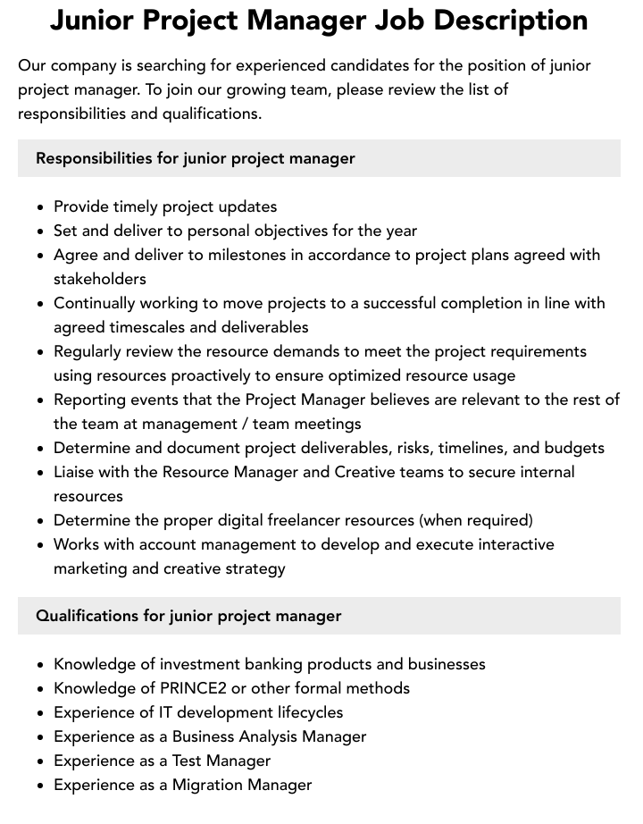 Junior Project Manager Job Description Velvet Jobs