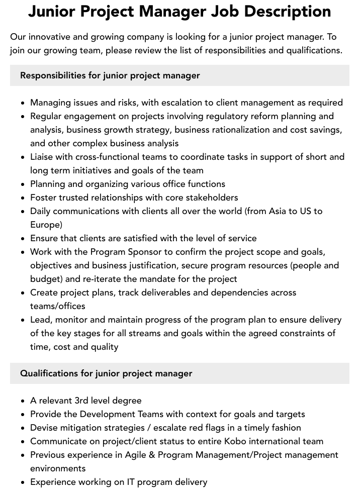 Junior Project Manager Job Description Velvet Jobs