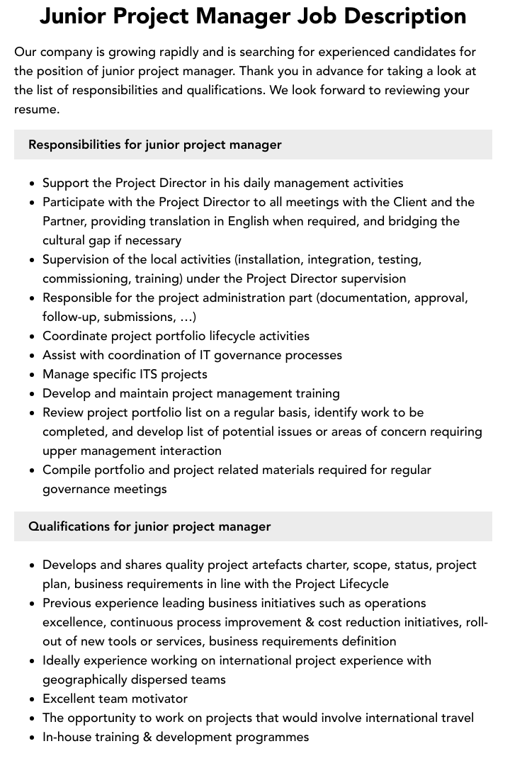 Junior Project Manager Job Description Velvet Jobs