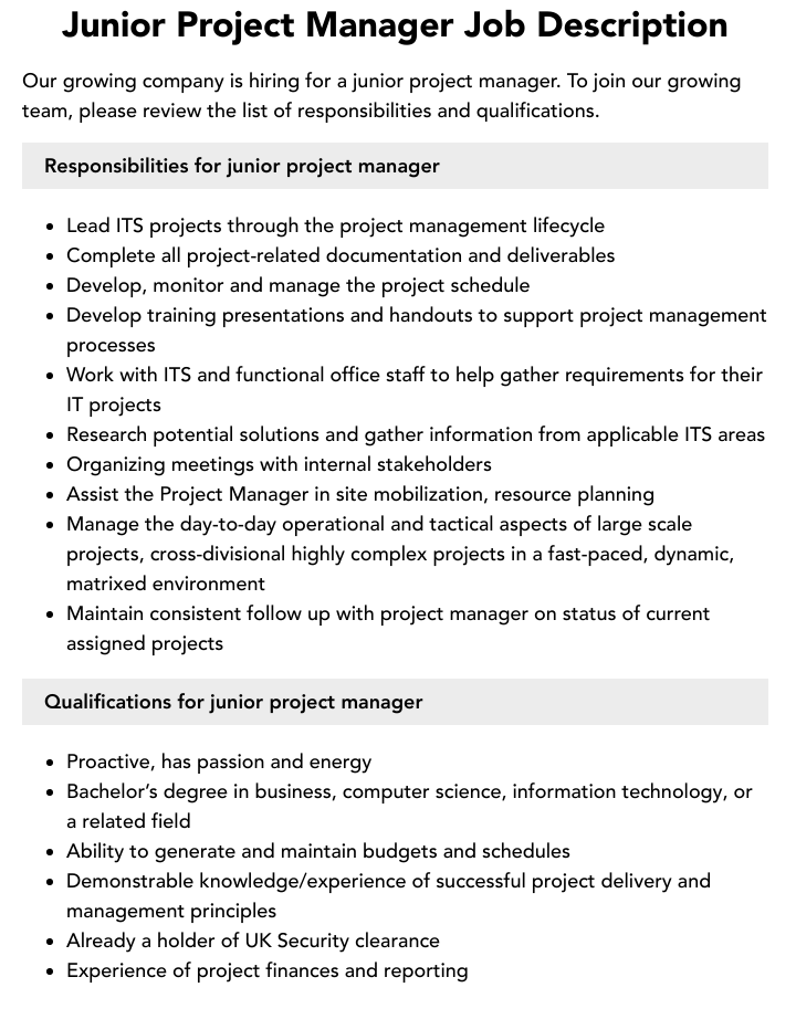 Junior Project Manager Job Description Velvet Jobs