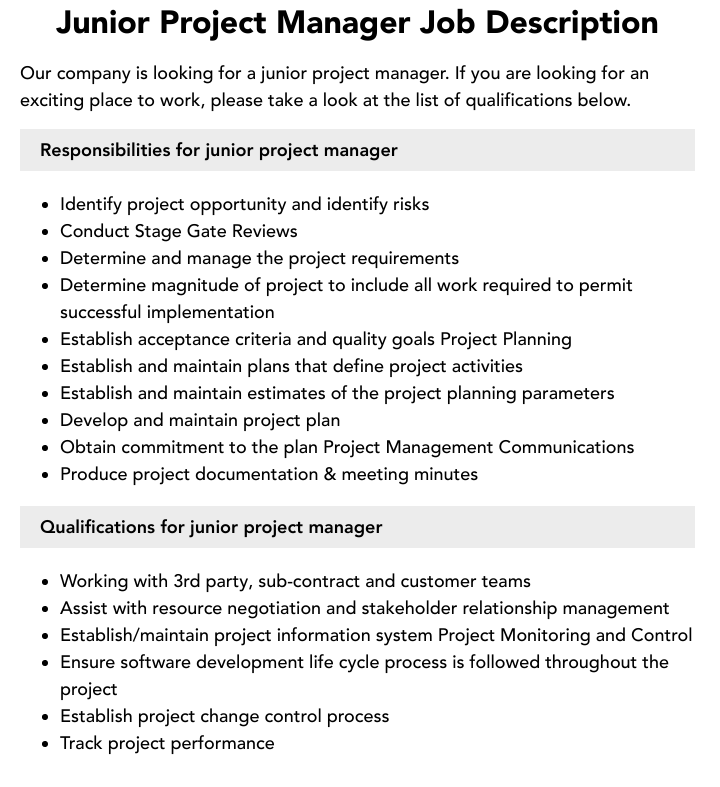 Junior Project Manager Job Description Velvet Jobs