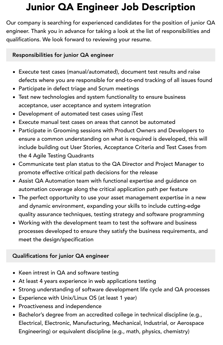 Junior QA Engineer Job Description Velvet Jobs