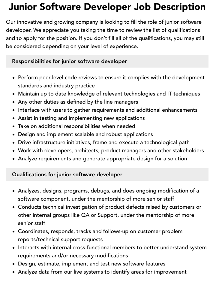 Junior Software Developer Job Description Velvet Jobs