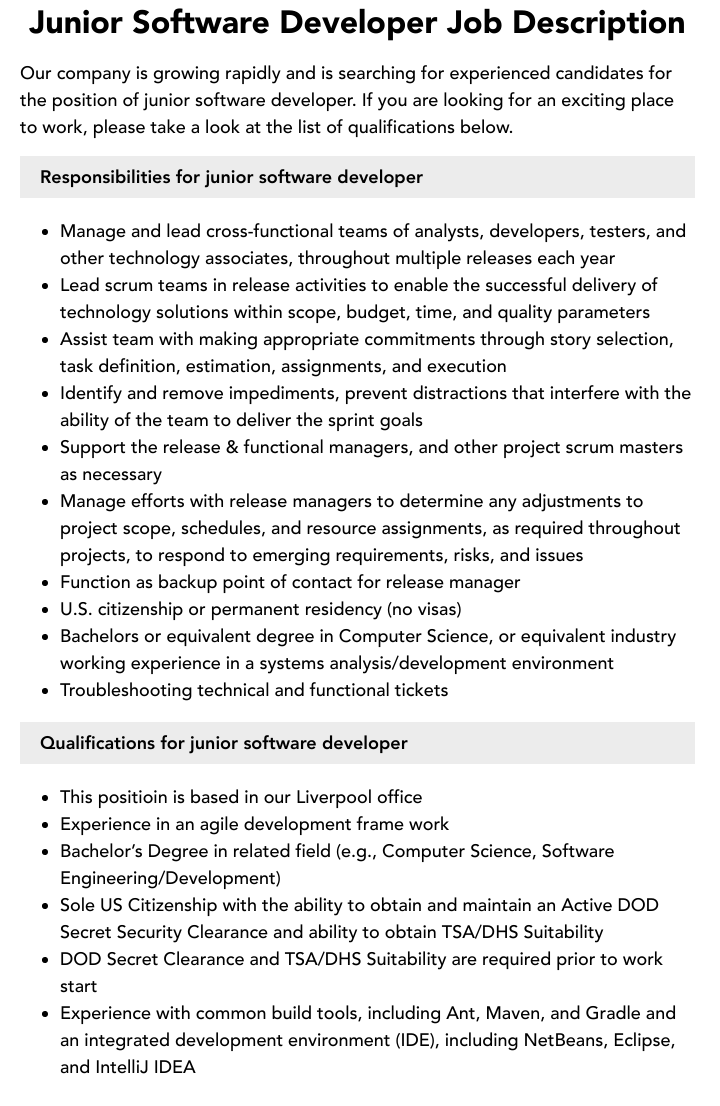 Junior Software Developer Job Description Velvet Jobs