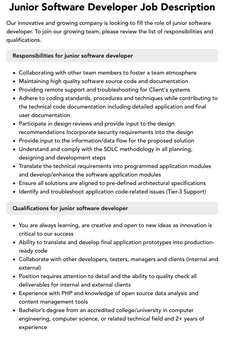 Junior Software Developer Job Description Velvet Jobs