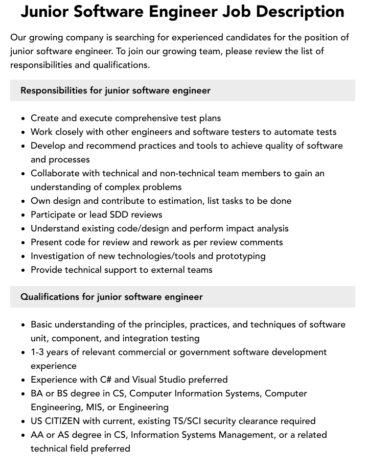 Junior Software Engineer Job Description Velvet Jobs