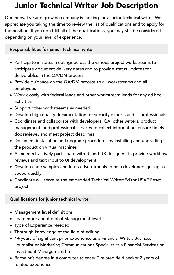 Junior Technical Writer Job Description Velvet Jobs
