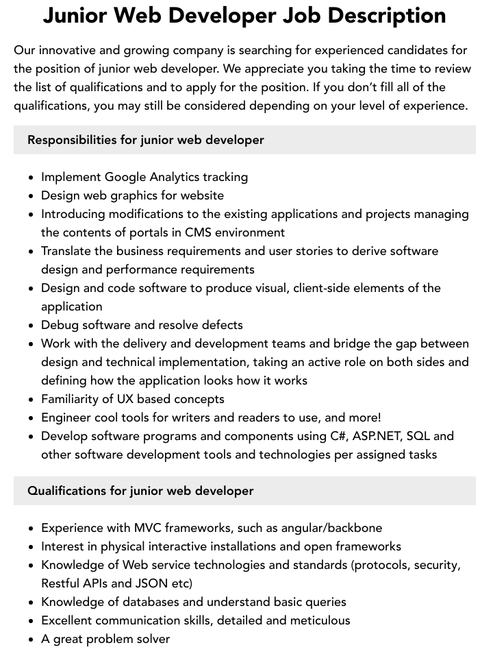 Junior Web Developer Job Description Velvet Jobs