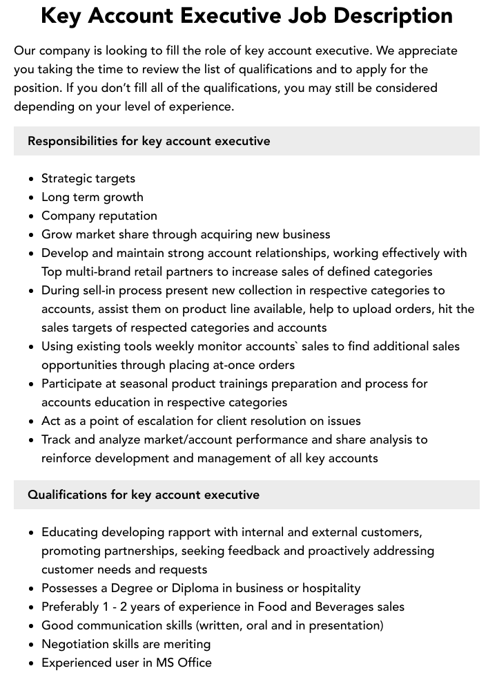  Key Account Executive Job Description Velvet Jobs