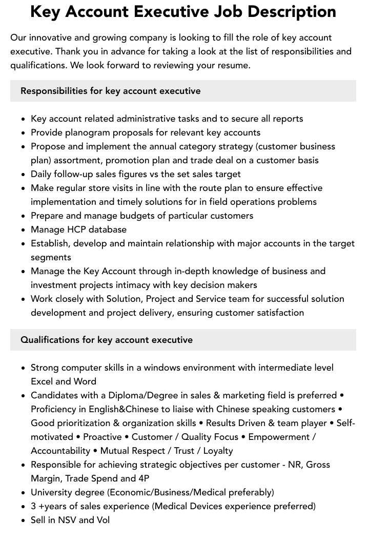 Key Account Executive Job Description Velvet Jobs