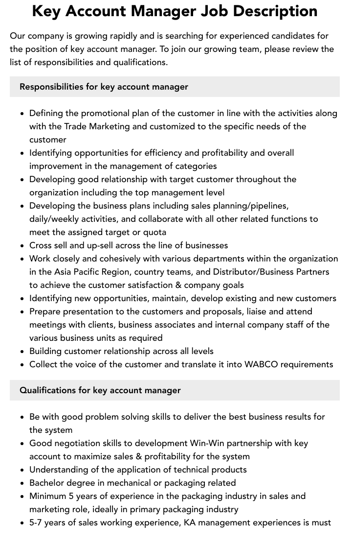 Key Account Manager Job Description Velvet Jobs