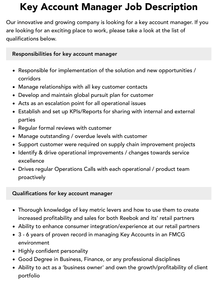 Key Account Manager Job Description Velvet Jobs