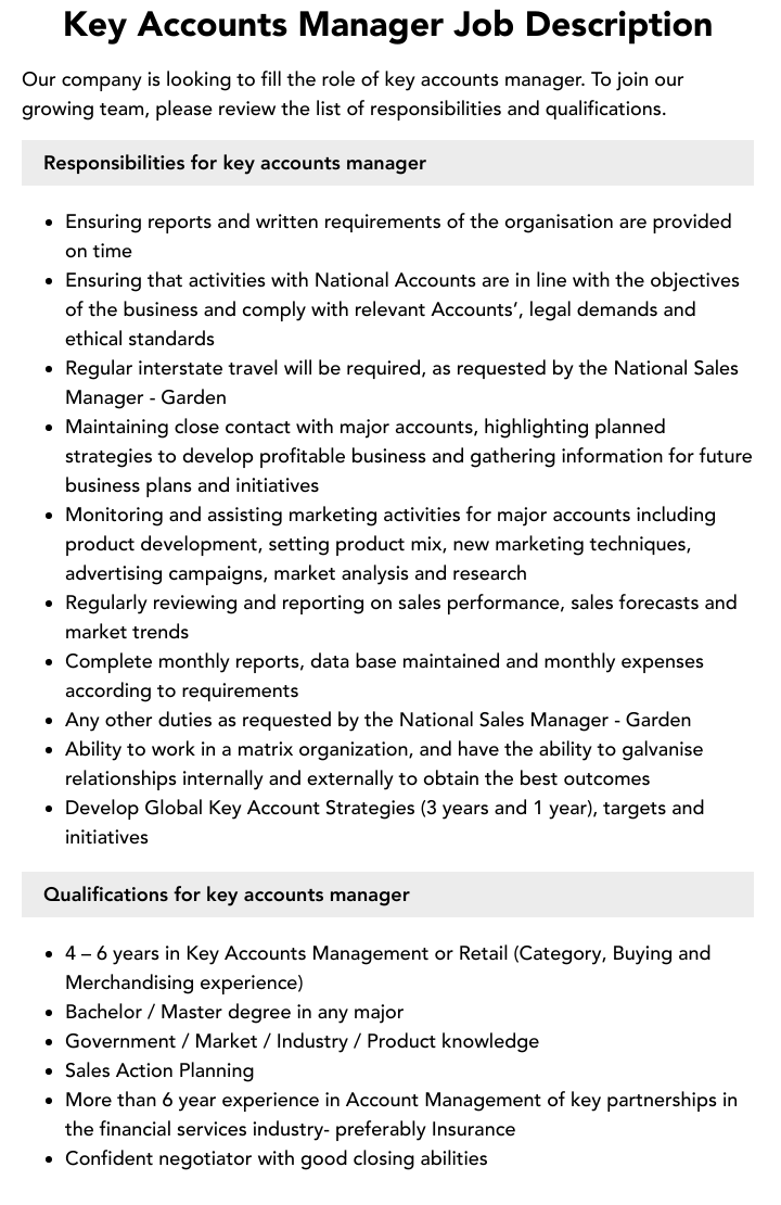 Key Accounts Manager Job Description Velvet Jobs