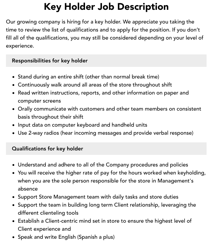 Key Holder Job Description Velvet Jobs