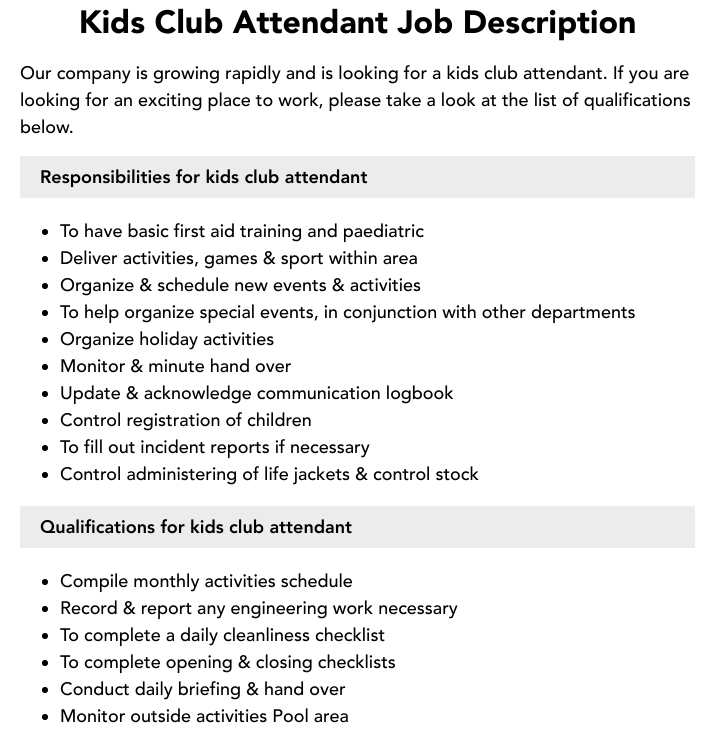 Kids Club Attendant Job Description Velvet Jobs