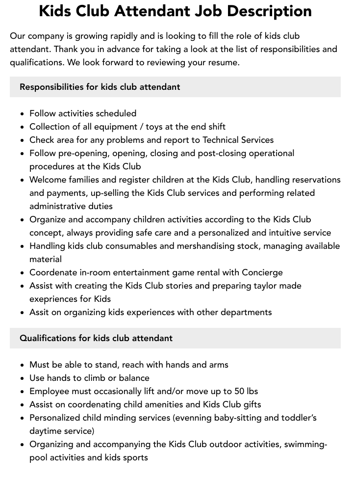 Kids Club Attendant Job Description Velvet Jobs