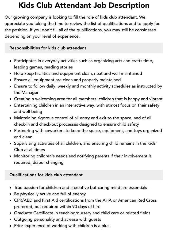 Kids Club Attendant Job Description Velvet Jobs