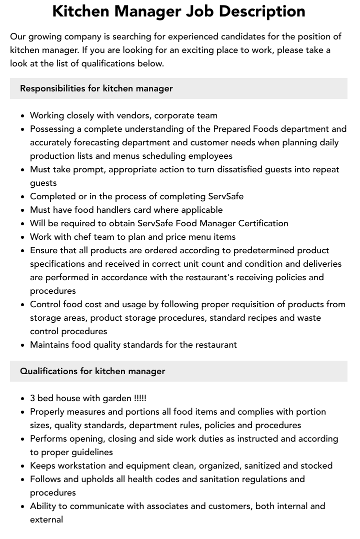 Kitchen Manager Job Description Velvet Jobs