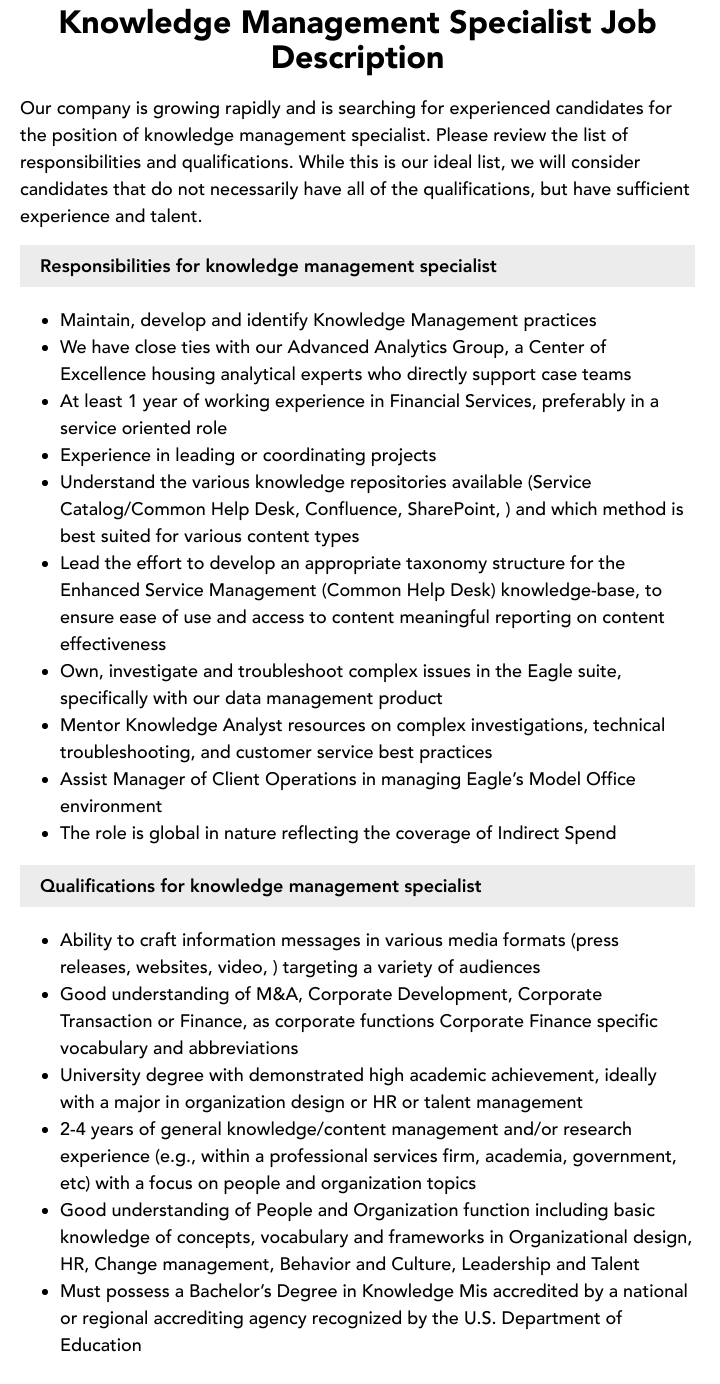 Knowledge Management Specialist Job Description Velvet Jobs