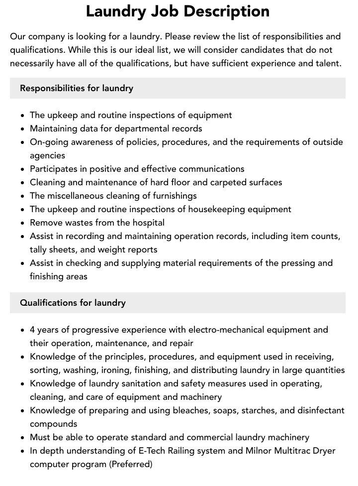 Laundry Job Description Velvet Jobs