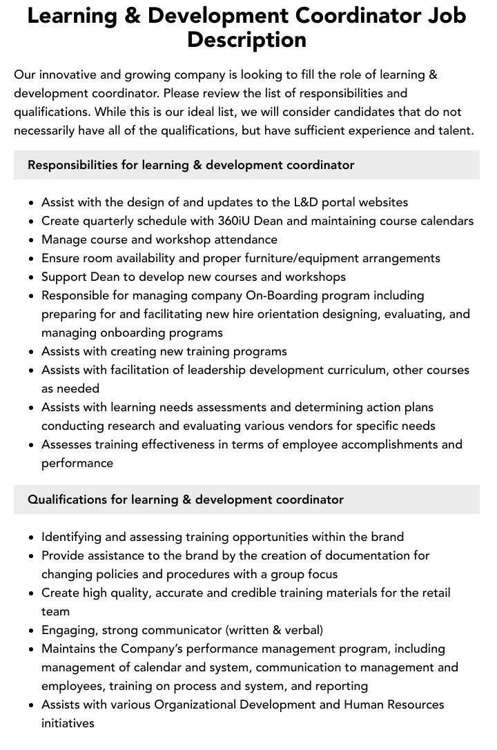 Learning Development Coordinator Job Description Velvet Jobs