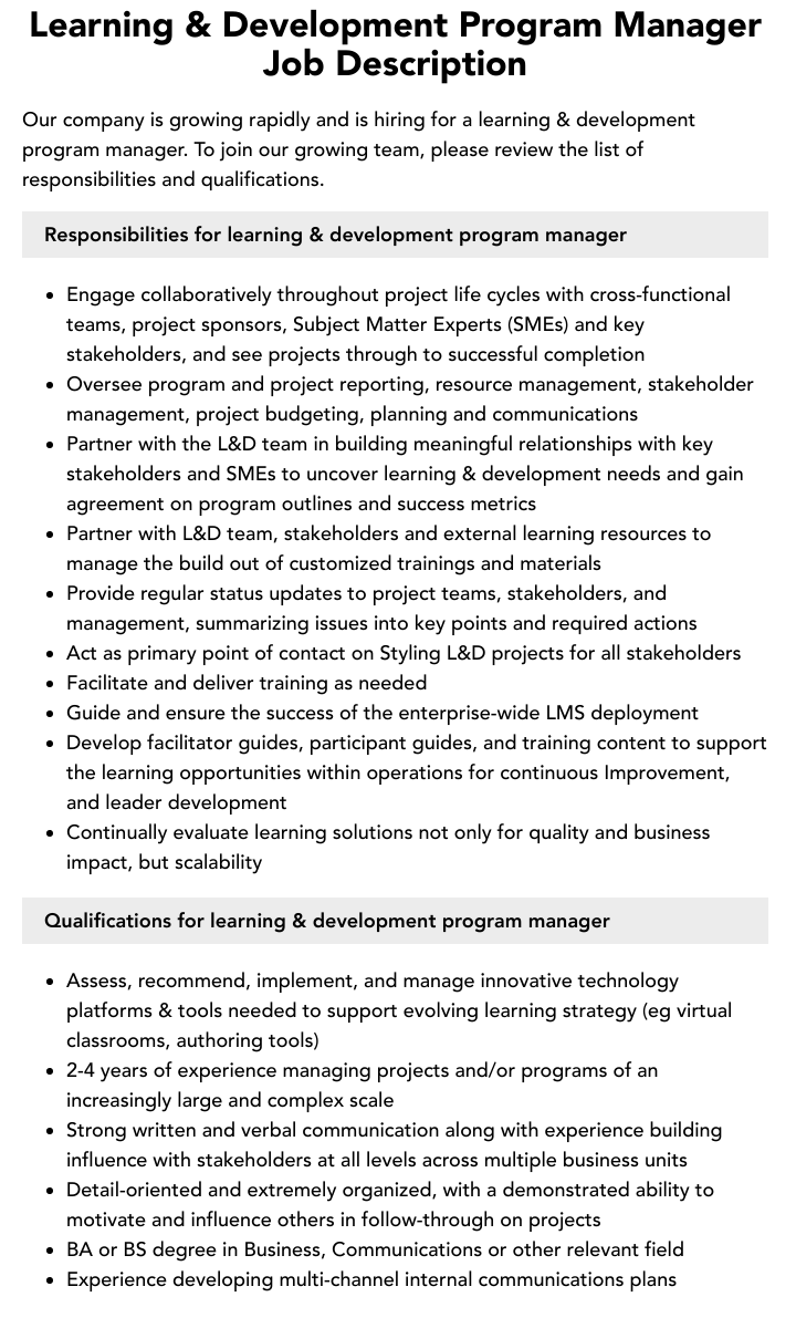 Learning Development Program Manager Job Description Velvet Jobs